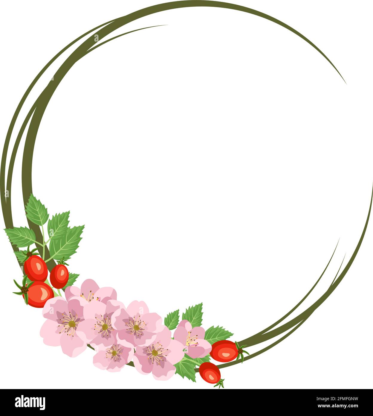 Rosehip wreath. Round frame, cute pink flowers rose red fruits and ...
