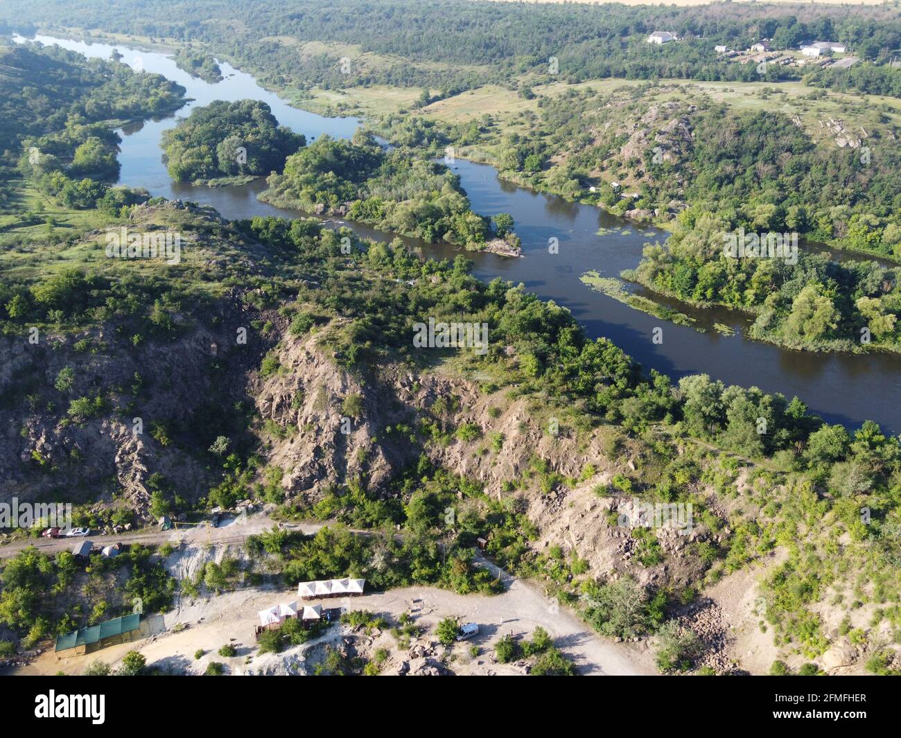 Winding bed of the Southern Bug river. River, landscape from a bird's ...