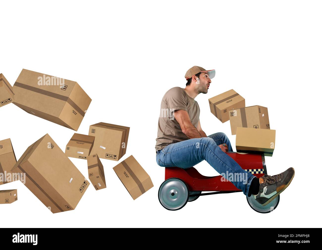 Courier drive fast with a toy car. Concept of fast and express delivery ...