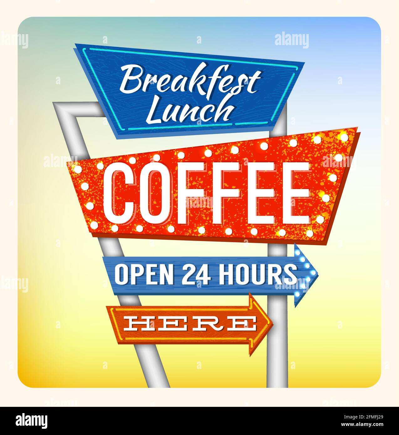 Retro Neon Sign Coffee and Breakfest lettering in the style of American ...