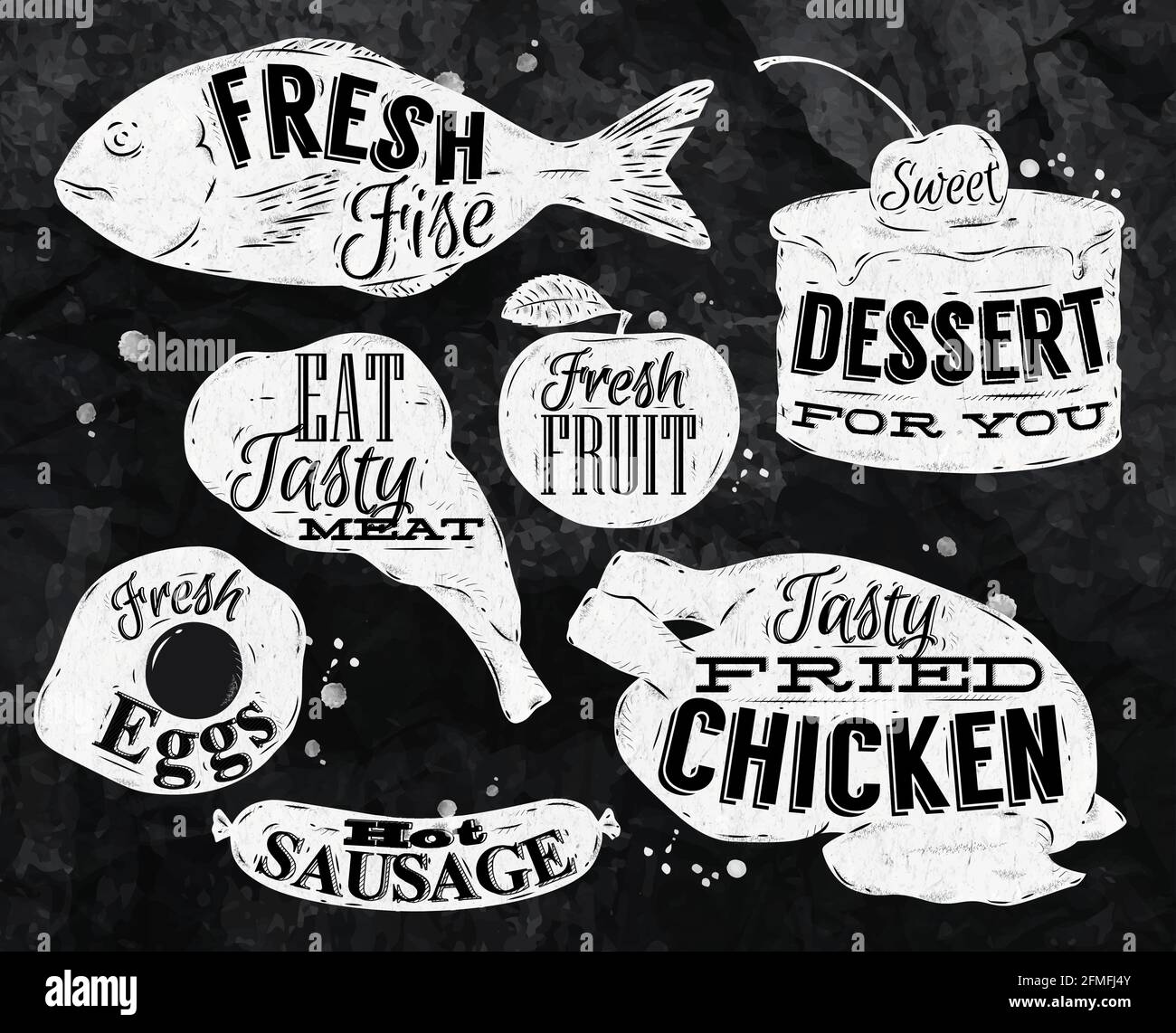 Eat symbol in retro vintage in chalk lettering pan eggs, apple, chicken ...