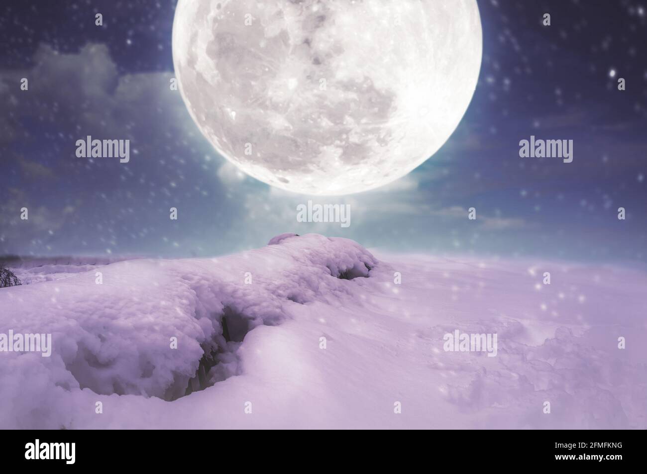 Photo Manipulation. Landscape at snowfall with supermoon. Majestic ...