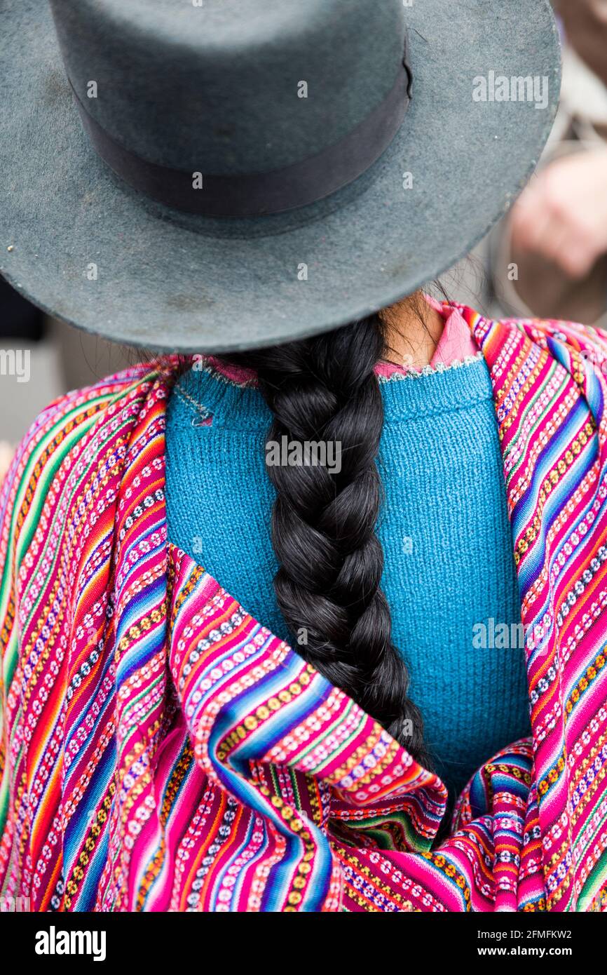 Closeup of the traditional Peruvian female braid hairstyle at Lima ...