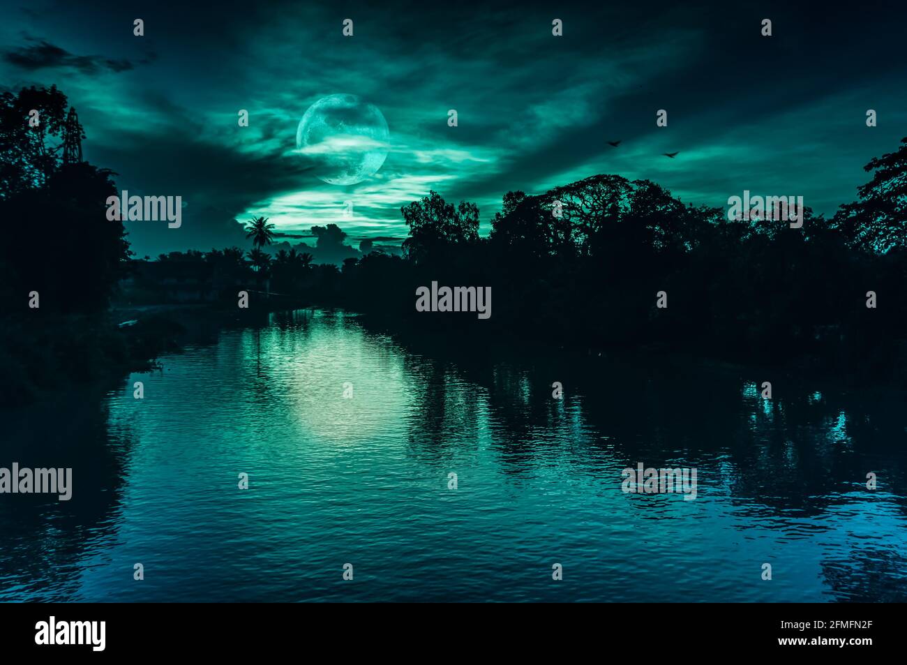 Beautiful landscape of night sky and full moon behind partial cloudy ...