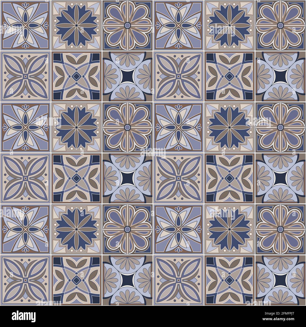 Geometric background square tiles with floral ethnic pattern in beige ...