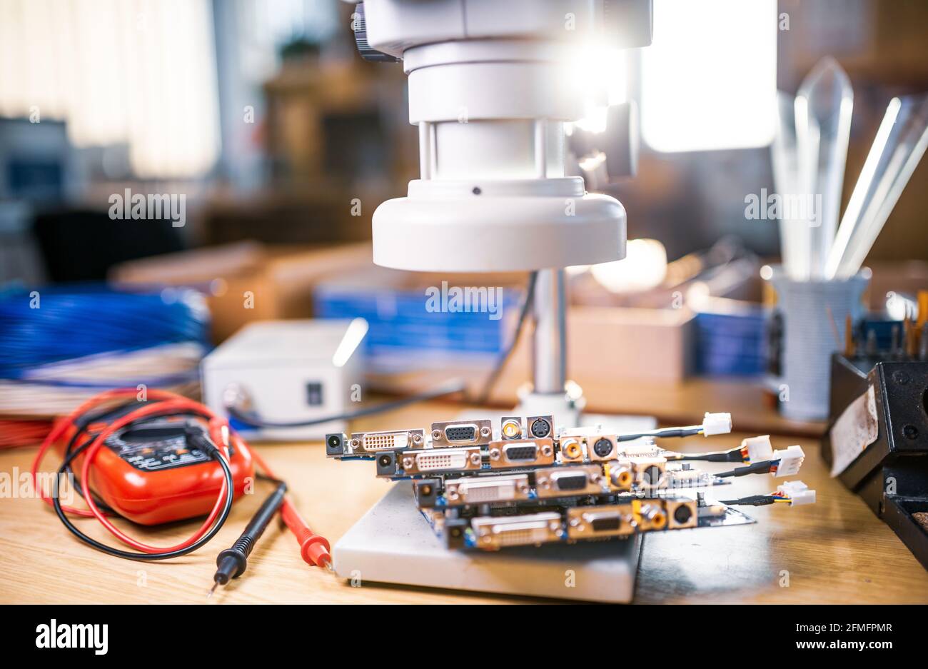 Modern microscope, electronic components in a scientific laboratory ...