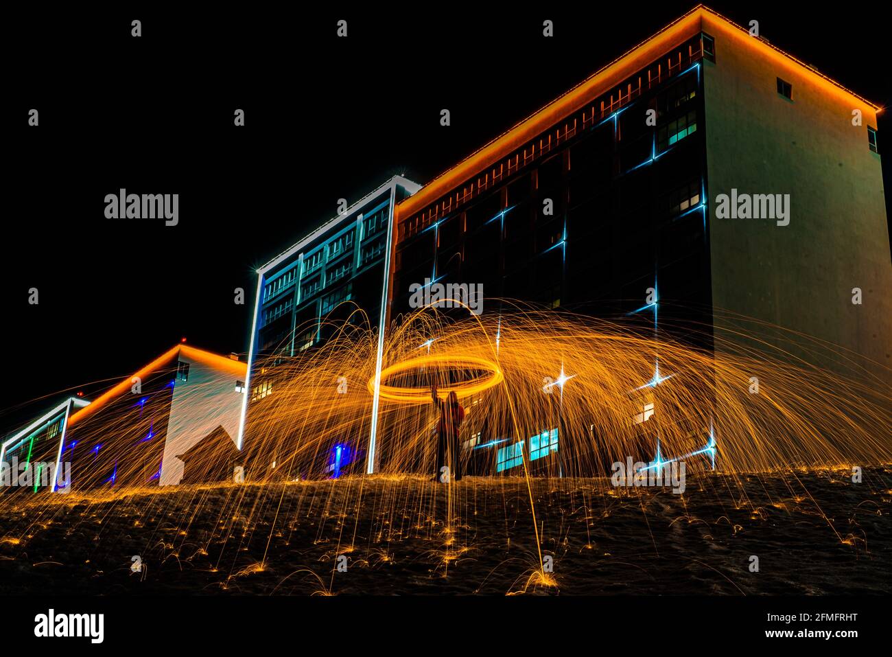 Large round burning fireworks sparkle from the burning steel wool. The ...