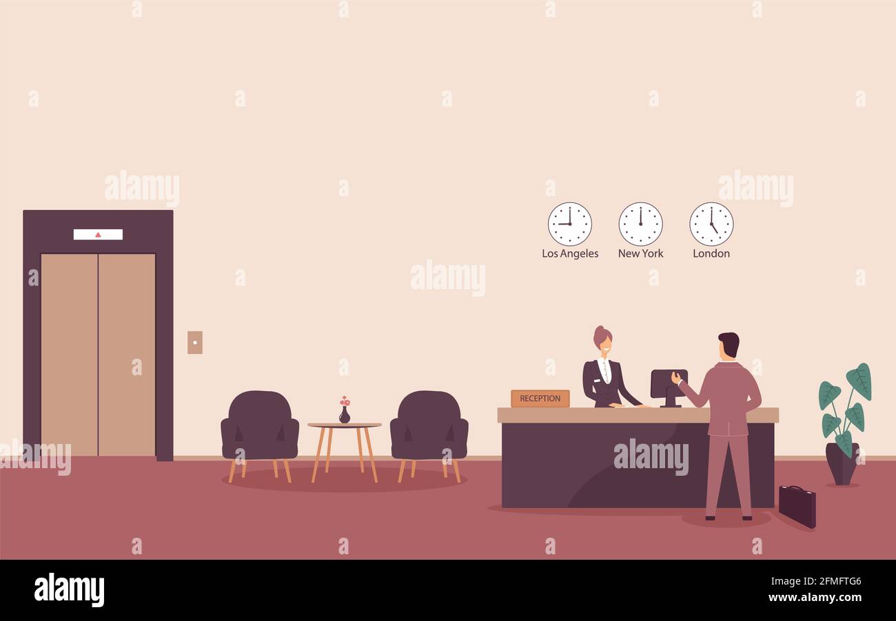 Woman receptionist behind workplace in hotel or bank lobby talking with ...