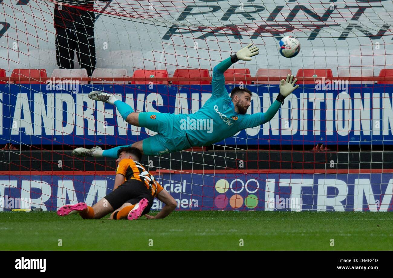 London, UK. 09th May, 2021. Matt Ingram goalkeeper of Hull City makes a ...
