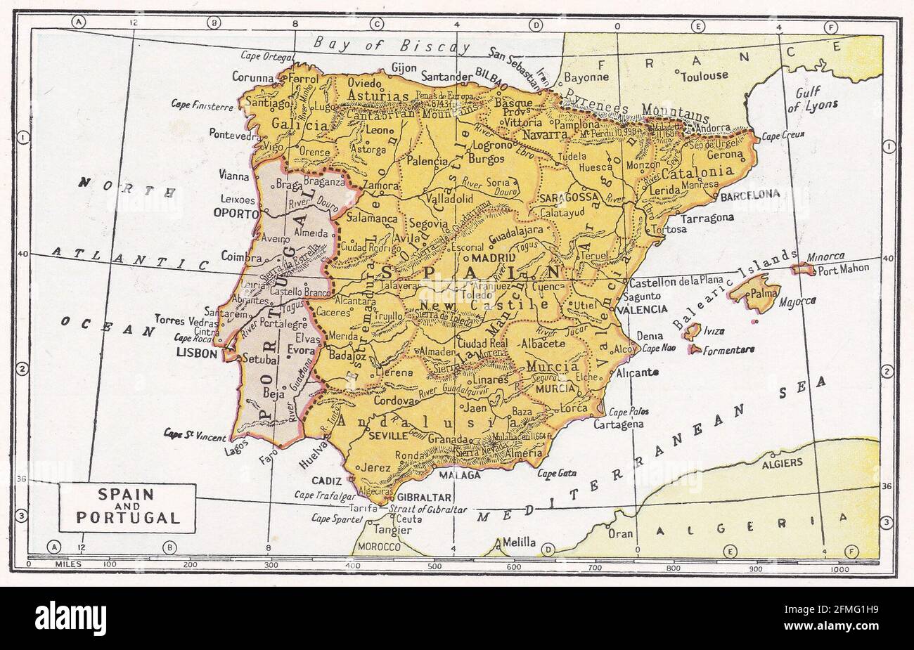 Vintage map of Spain and Portugal 1930s Stock Photo - Alamy