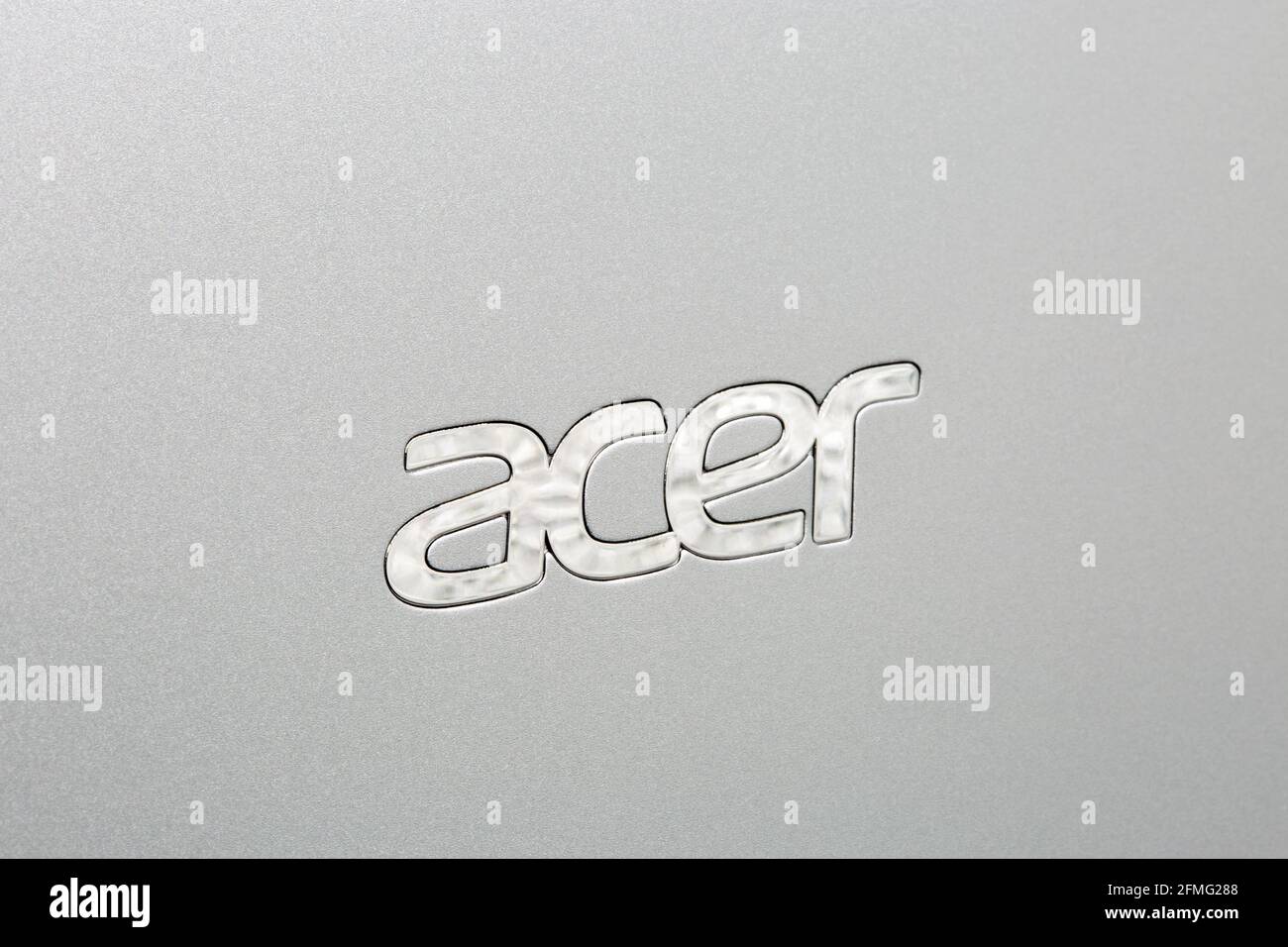 KIEV, UKRAINE - MARCH 02, 2021: Acer logo closeup on laptope metal ...
