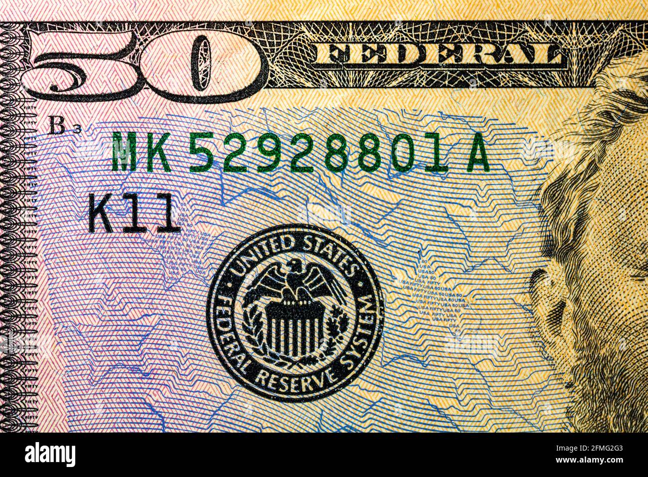 Selective focus on detail of USD banknotes. Close up macro detail of ...