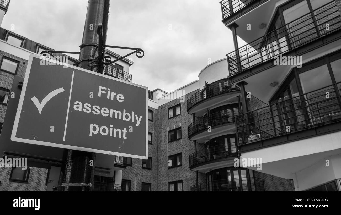 Fire assembly assembly point Black and White Stock Photos & Images - Alamy