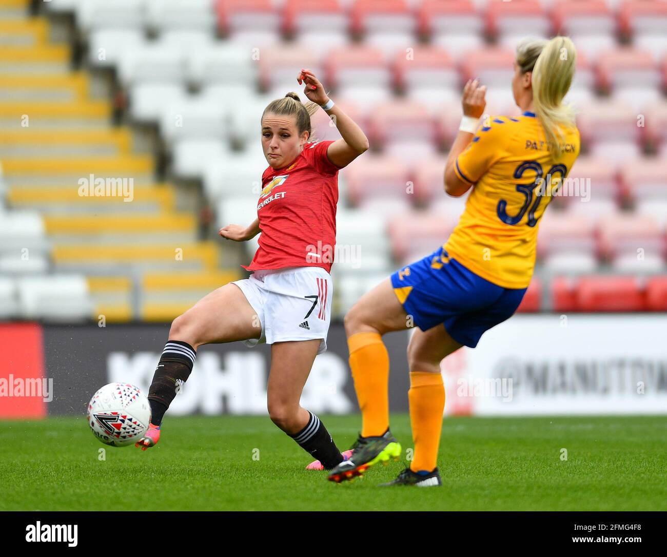 Leigh, UK. 09th May, 2021. Ella Toone (7 Manchester United) scores her ...
