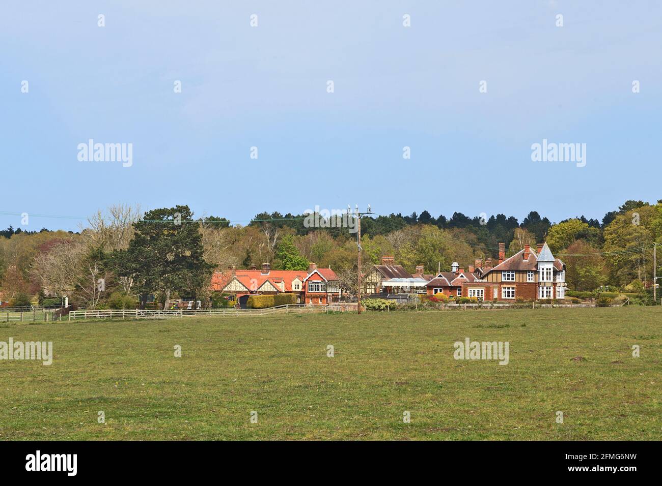 View over field to the Royal Station at Wolferton, Sandringham, Norfolk ...