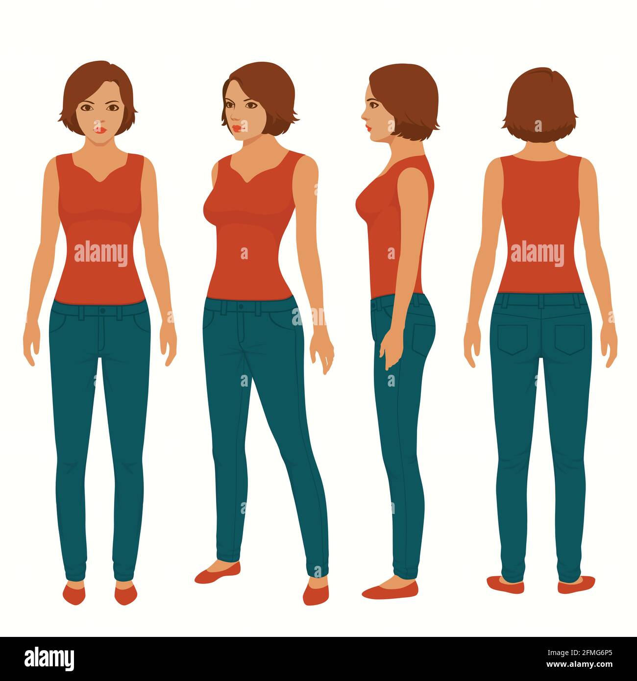 fashion woman isolated, front, back and side view, vector illustration ...