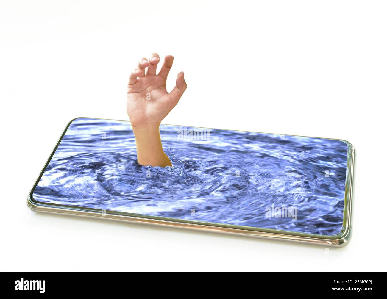hand drown in water at mobile phone on white background Stock Photo - Alamy