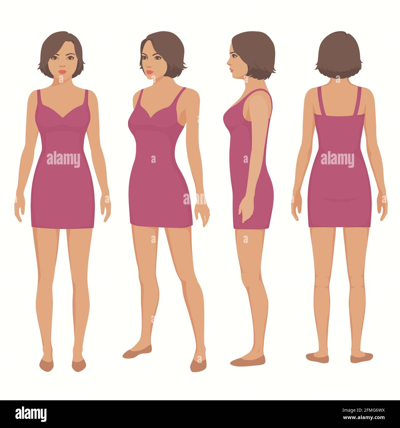 fashion vector illustration , woman isolated in dress, front, back and ...