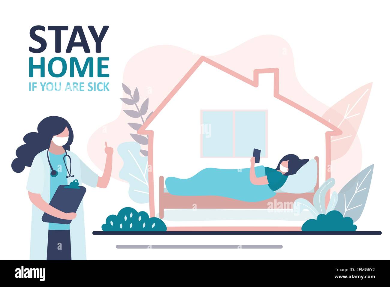 Stay home banner. Female doctor warning about global viral pandemic ...