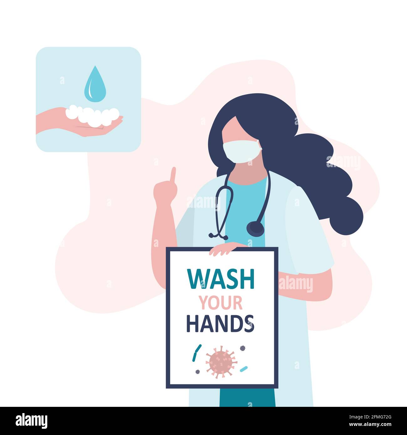 Woman doctor recommends washing your hands. Cartoon female character in ...