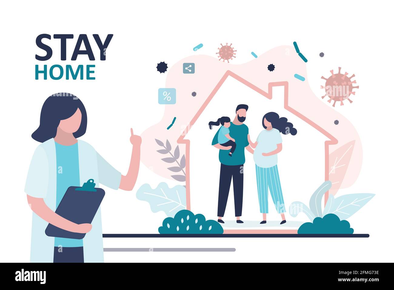Stay home banner. Female doctor warning about global viral epidemic or ...