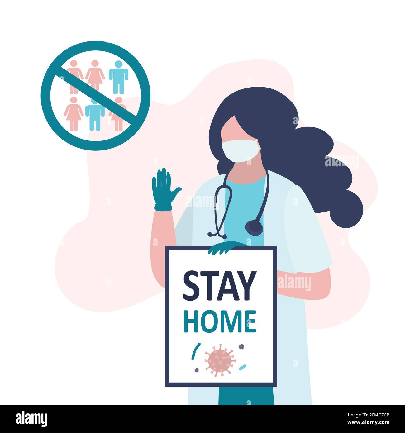 Woman doctor recommends stay home. Cartoon female character in white ...