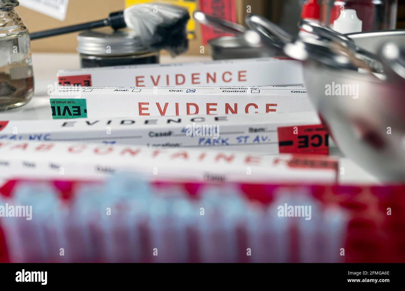 Files and evidence bag in a crime lab, conceptual image Stock Photo - Alamy