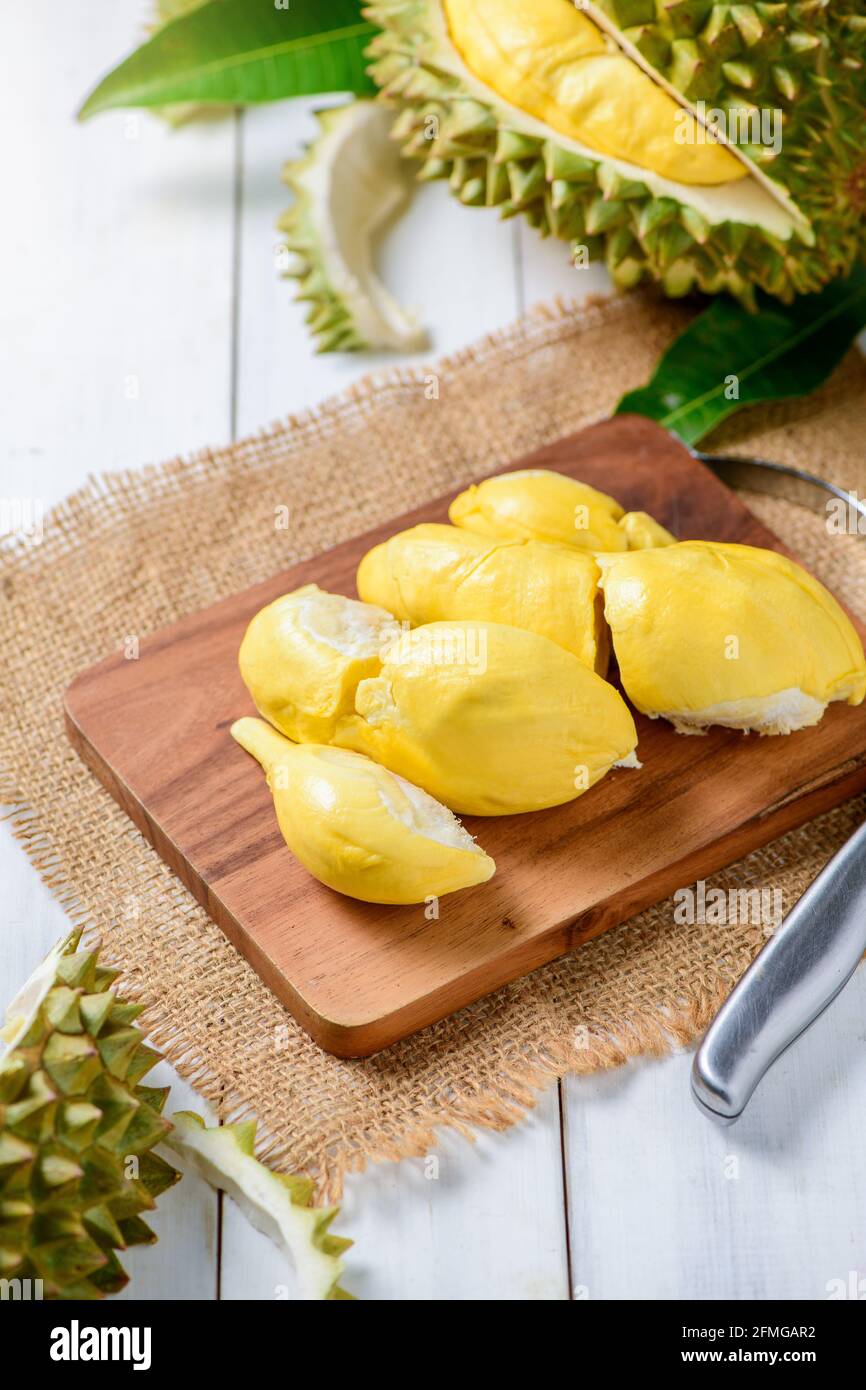 Chani Kai Durian or Durio zibthinus murray on wood plate, Chani Kai ...