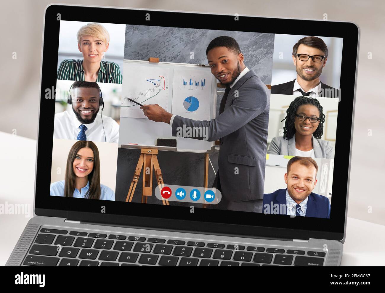 Laptop Screen With Multicultural Business People Having Virtual Meeting ...