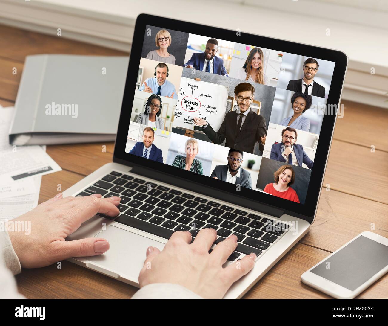 Laptop Screen With Business People Having Group Video Call, Closeup ...