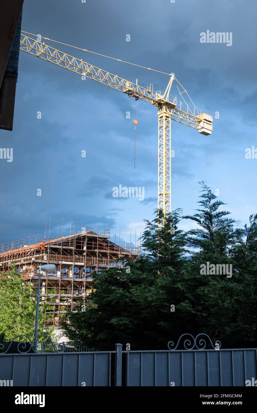Construction crane photographed on a construction site in Italy Stock ...
