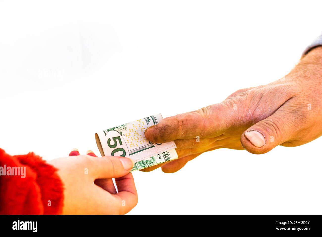 Hand giving money isolated, hard worked hand taking dollars money ...