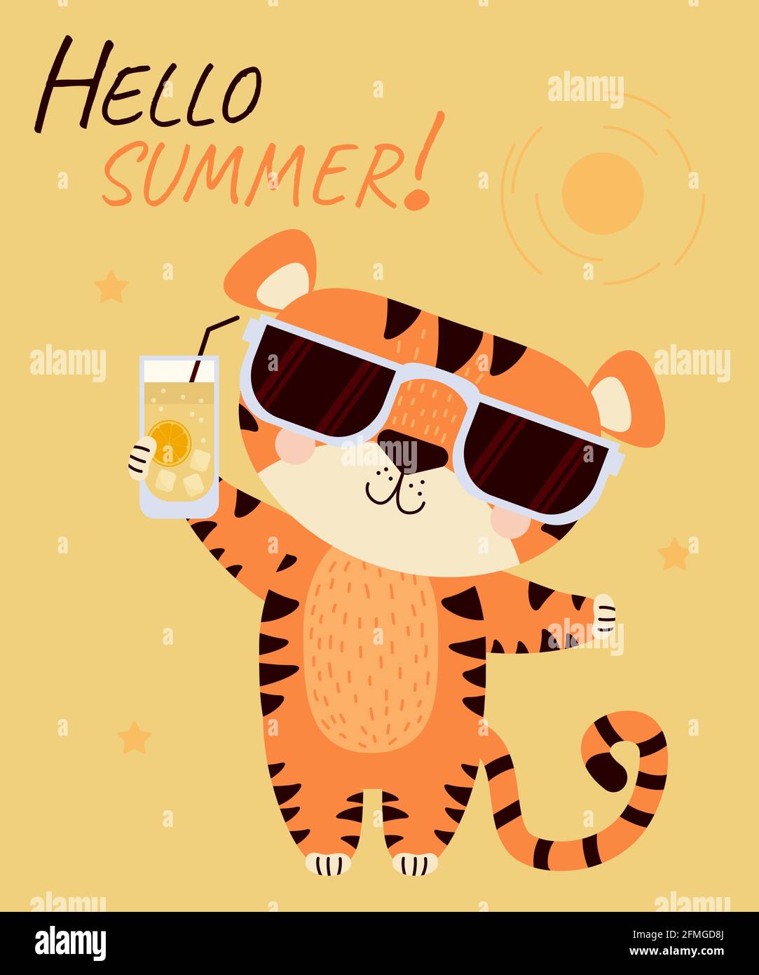 Cute tiger on vacation. A funny character in sunglasses stands with a ...