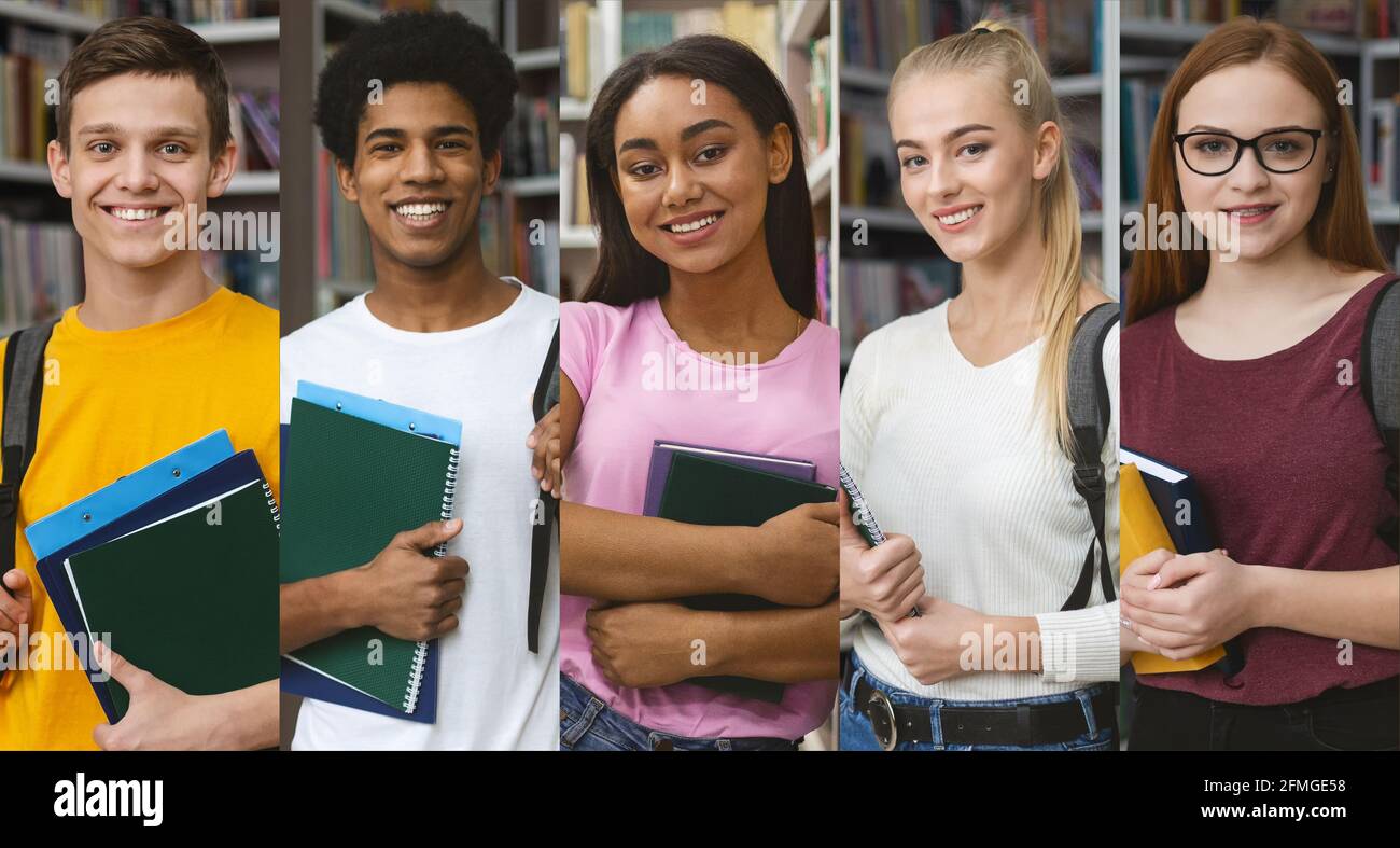 Collection Of Diverse Millennials Standing With Books In Library ...