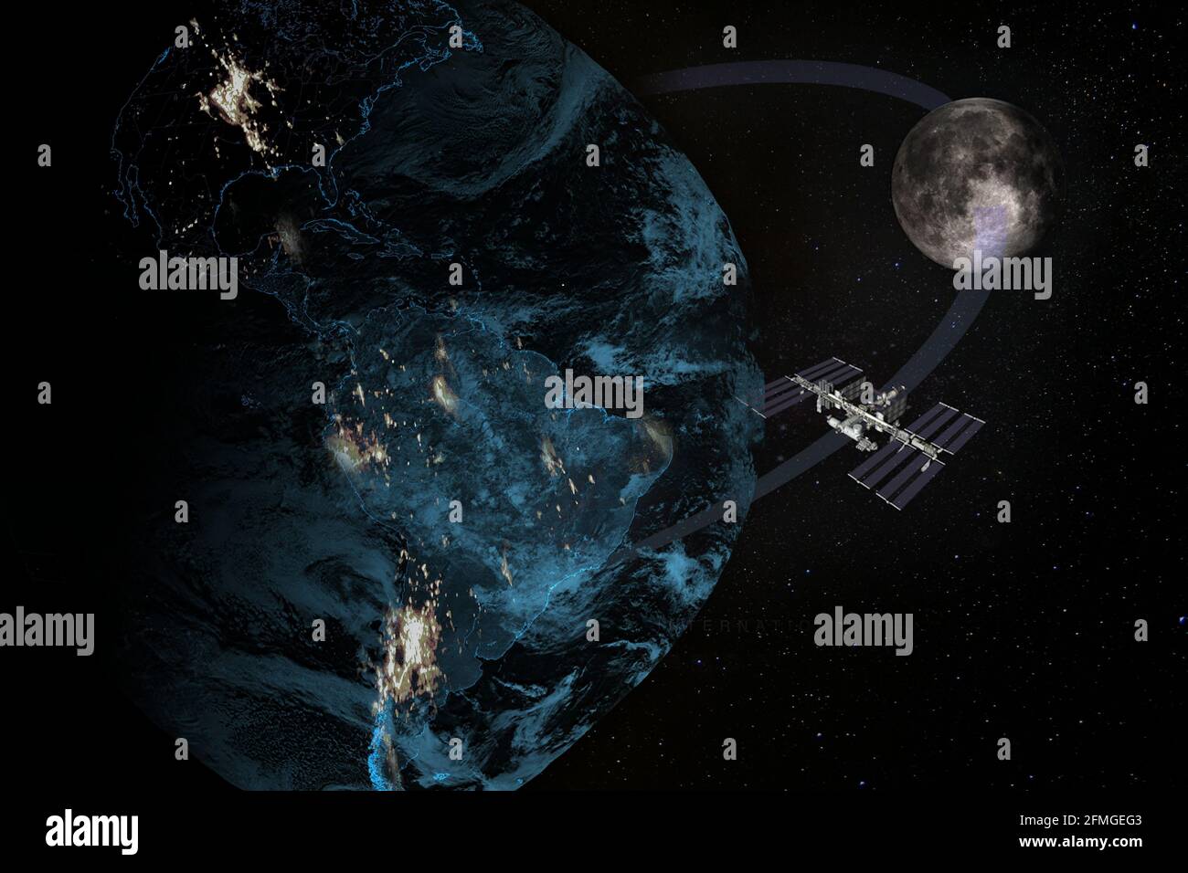 Spaceship fly from earth toward the moon, orbiting above the americas ...