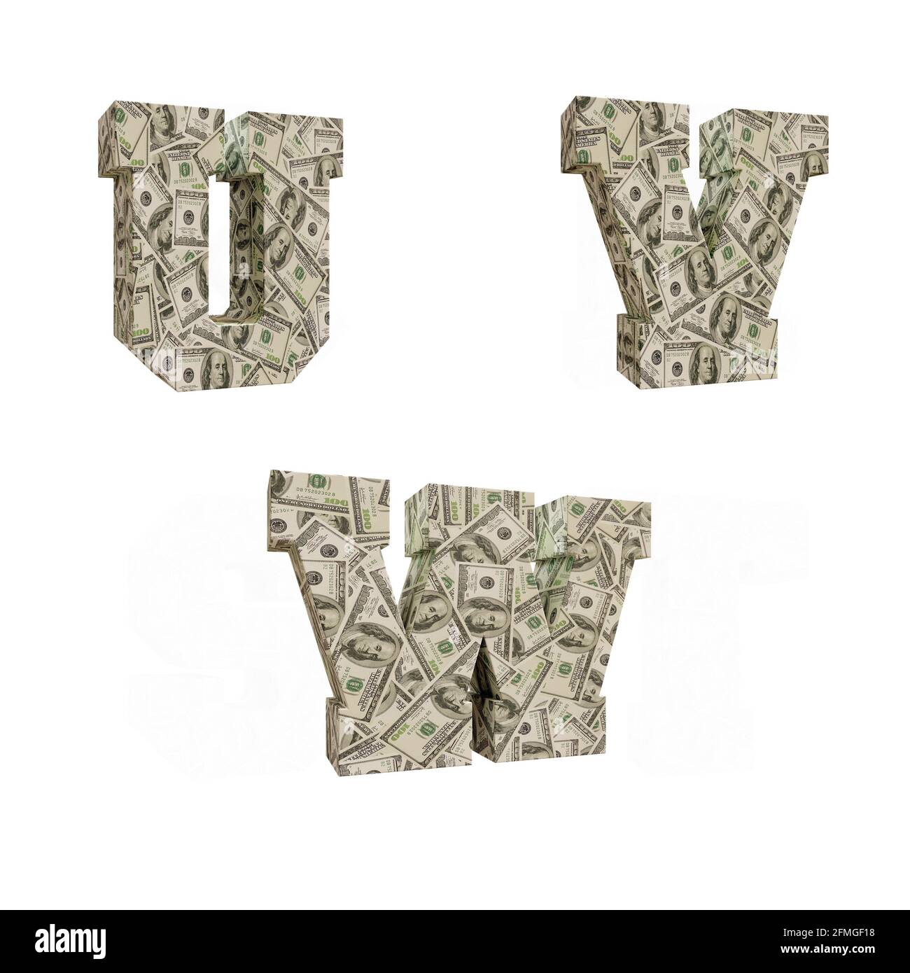3D rendering of capital letters alphabet wrapped-around with 100 USD ...