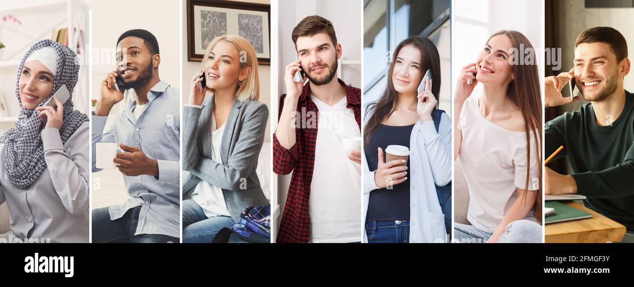 Many Multicultural People Talking On Cellphone Standing Outdoors ...