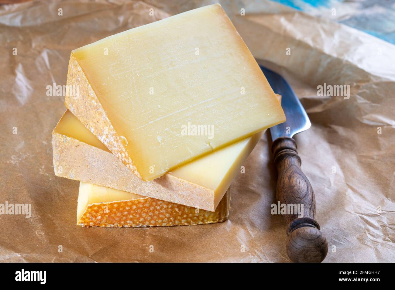Cheese collection, French comte and Swiss gruyere cheeses close up ...