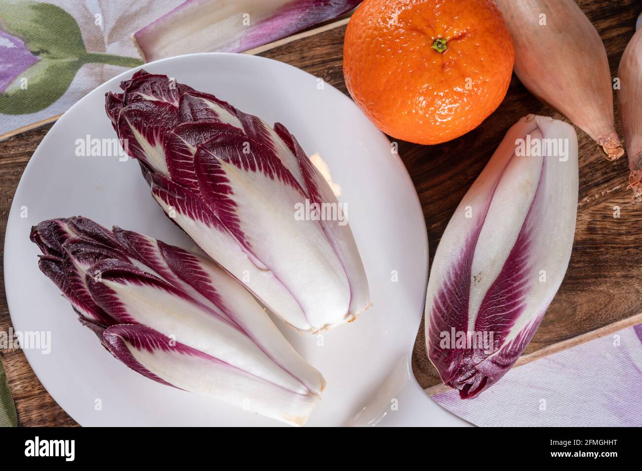 Healthy food, fresh Belgian endive red chicory lof lettuce close up ...