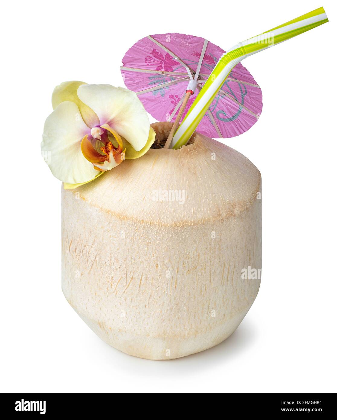 peeled coconut with straw on white background Stock Photo - Alamy