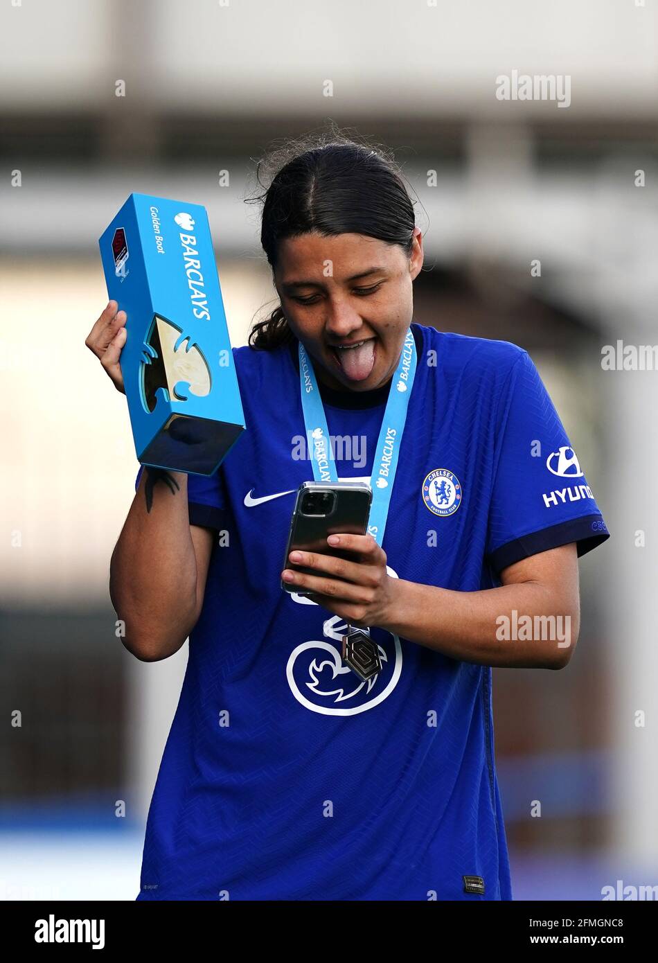 Chelsea's Samantha Kerr celebrates with the FA Women's Super League ...