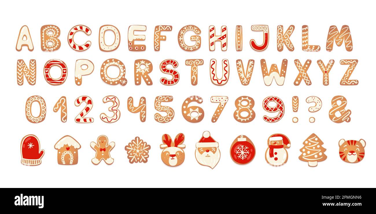 Christmas gingerbread cookies alphabet with figures. Biscuit letters ...