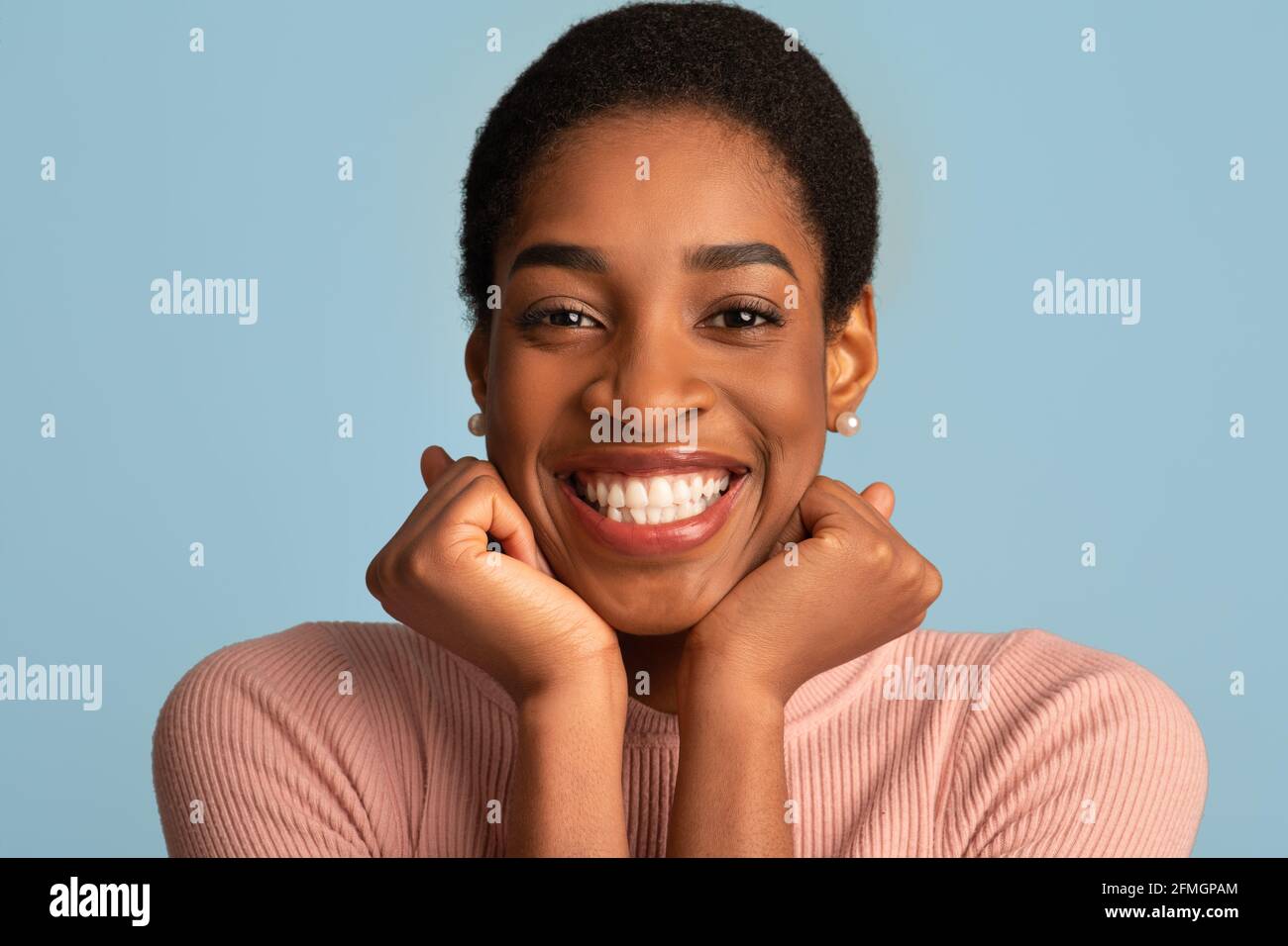 Happy Emotions Concept. Portrait Of Overjoyed Black Woman Touching Face ...