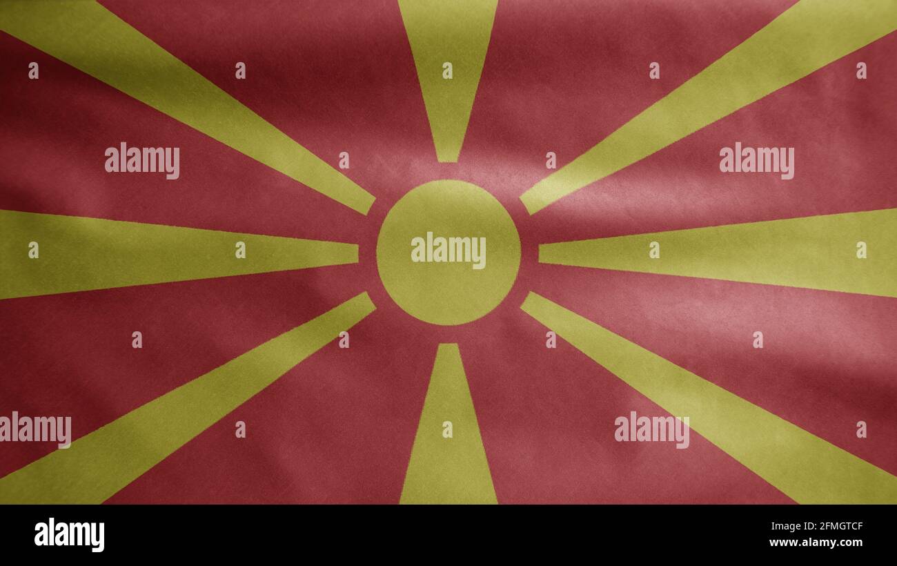 Macedonian flag waving in the wind. Close up of North Macedonia banner ...