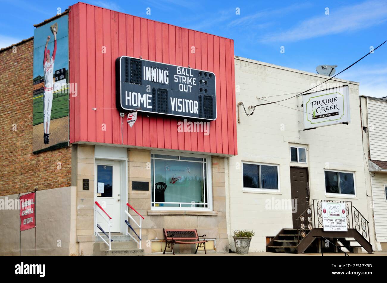 Norway, Iowa, USA. A mural and baseball scoreboard grace the sides of a ...
