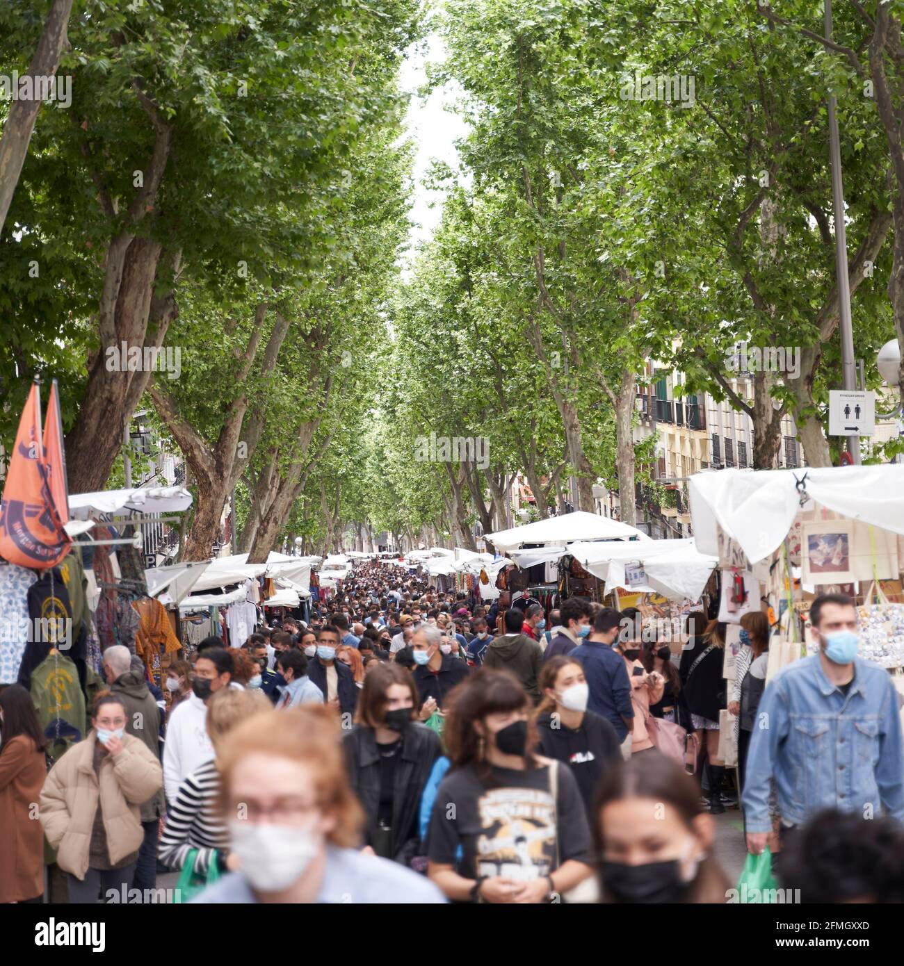 MADRID, SPAIN - MAY 09, 2021: Crowds of people in the street of Ribera ...