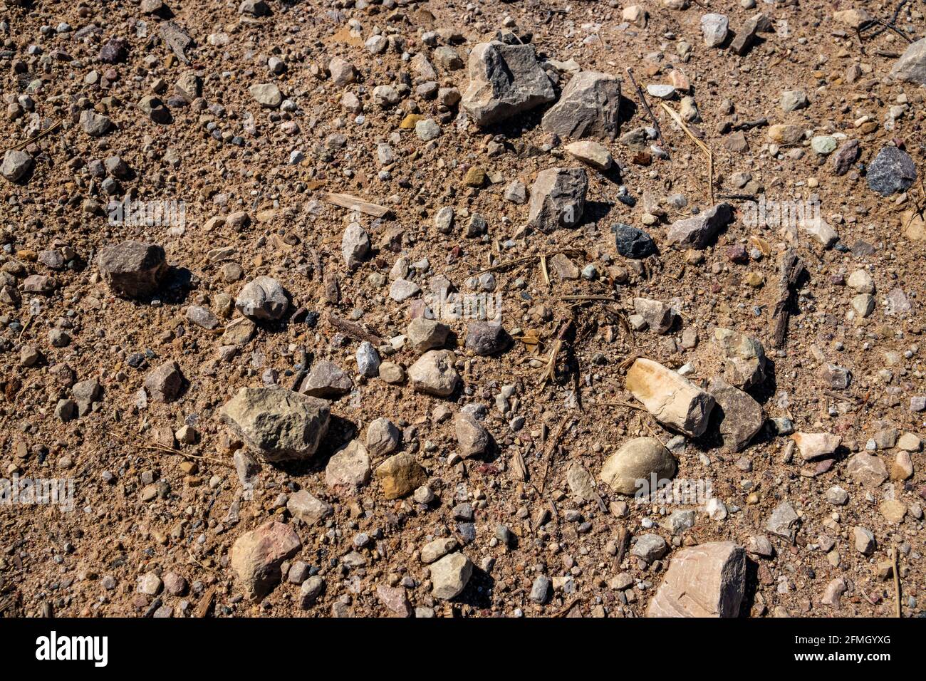 A closeup surface texture with small pebble stones on a dirty ground ...