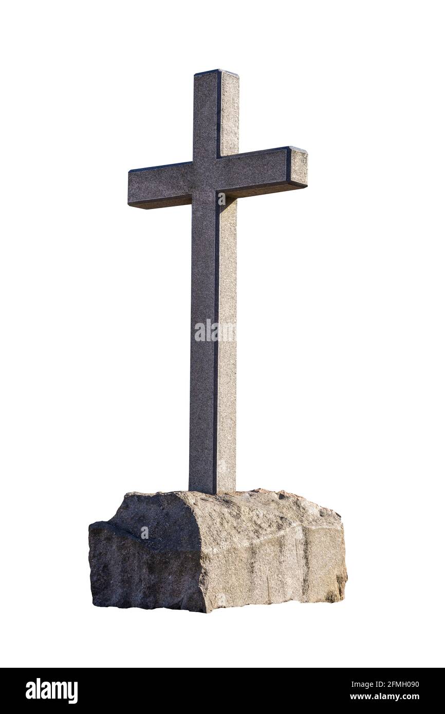 stone cross on the stone is isolated on a white background. Christian ...