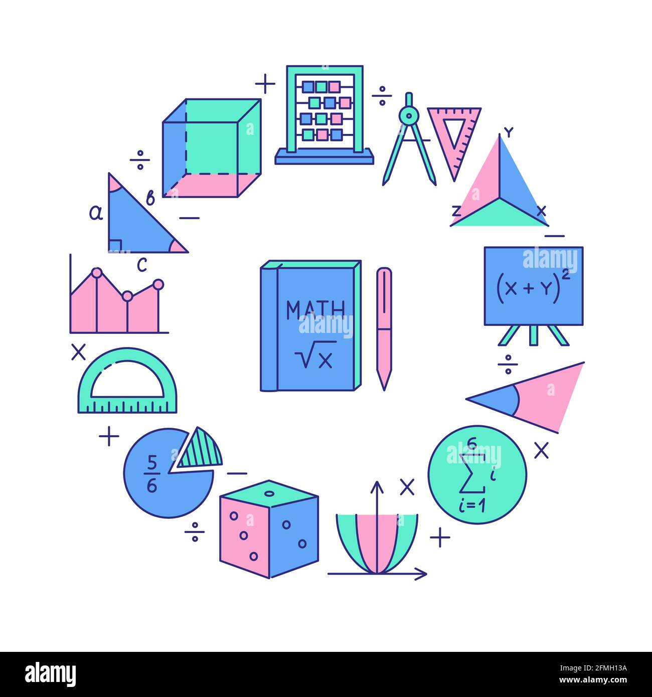 Round banner with math symbols and instruments in colored line style ...
