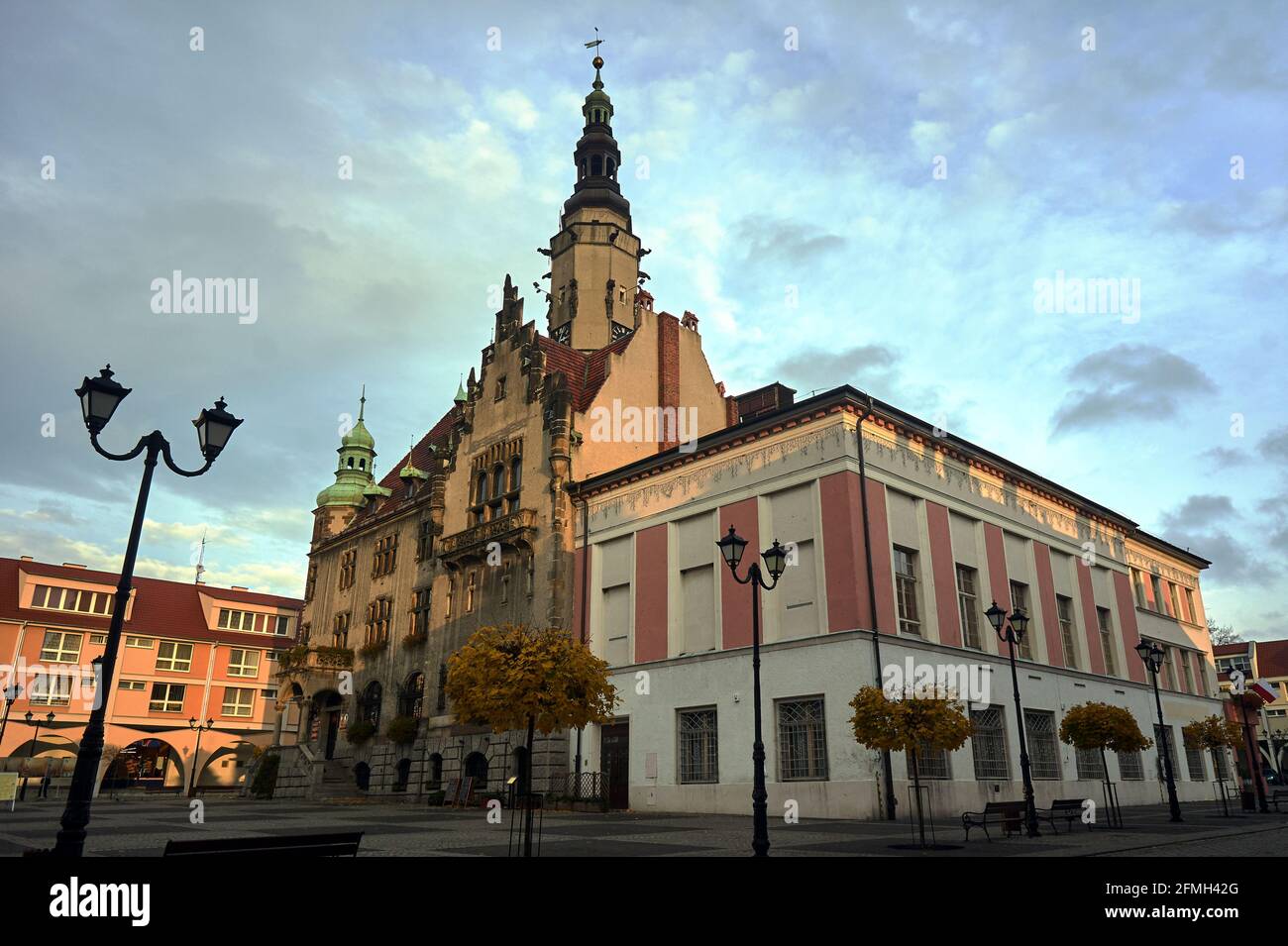 historic town hall with a tower on the market square in Jawor in Poland ...